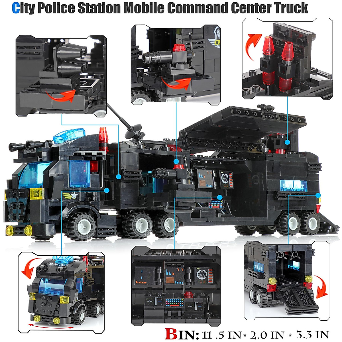 1110 PCS SWAT City Police Station Mobile Command Center Truck Car Building Blocks Set in 25 Different Models Police Cars, Helicopter, Boat, with Storage Box Roleplay Toys Gift for Kids Boys Girls 6-12