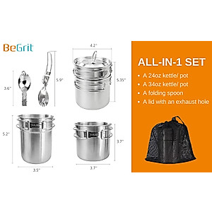 BeGrit Camping Pots Camping Cups and Mugs 304 Stainless Steel with Folding Spoon, Vented Lids