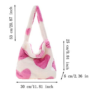 QWDLID Plush Tote Bags Fluffy Pink Hearts Pattern Print Shoulder Satchel Fashion Faux Fur Handbag Women Plush Shoulder Bag Crossbody Handbags Casual Soft Crossbody Purse for Shopping Traveling