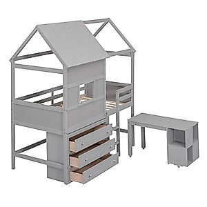 Twin Size House Loft Bed with Storage Desk and 3 Drawer Chest, Wood Loft Bed with Safety Guard Rails, Multi-Functional Loft Bed for Kids Boys Girls Teens Bedroom, Maximize Space Savings (Gray 014)