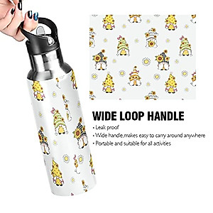 Kigai Sunflower Gnome Water Bottle with Straw Lid 32oz Vacuum Insulated Stainless Steel Sport Water Bottles for Gym, School, Travel