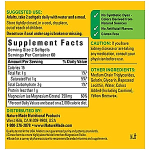 Nature Made Magnesium Citrate 250 mg per serving, Dietary Supplement for Muscle, Nerve, Bone and Heart Support, 120 Softgels, 60 Day Supply