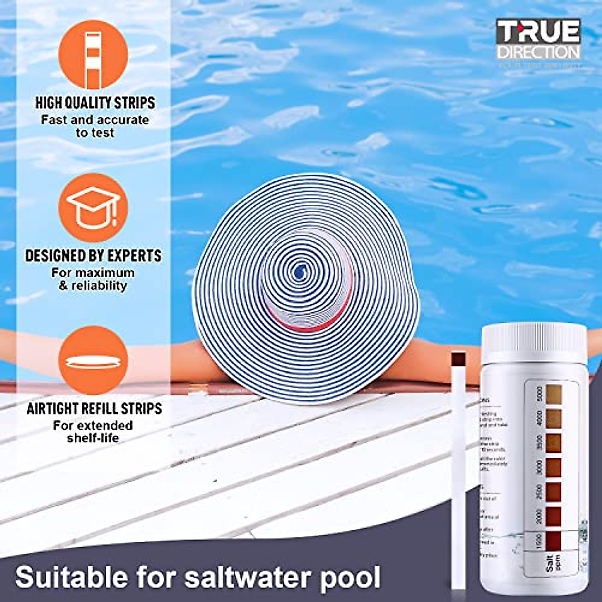 TRUEDIRECTION Salt Water Test Strips for Testing Sodium Chloride Content in Pool and Spa, Saltwater Chlorine Testing kit of 1500-5000 ppm