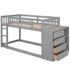 Harper & Bright Designs Twin Over Twin Bunk Bed with Storage, Wood Floor Bunk Beds with 4 Drawers & 3 Shelves, Low Bunk Bed, Twin Loft Bed for Kids, Girls Boys, Teens, Adults (Gray)