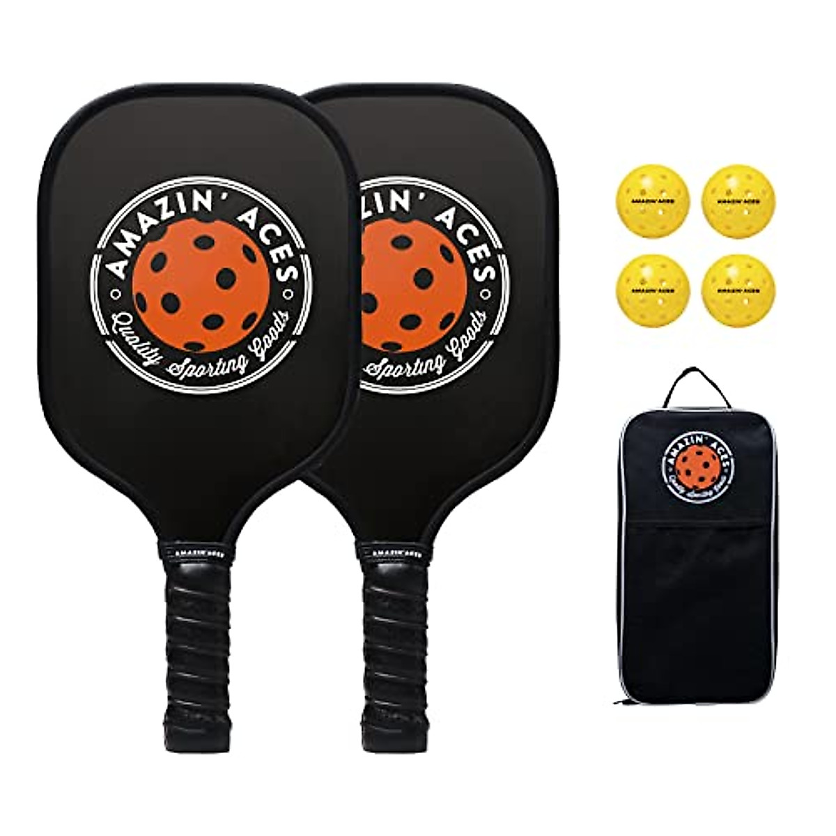 Amazin' Aces Classic Graphite Pickleball Paddles Set of 2 with 4 Pickleball Balls, Lightweight, Black Pickleball Rackets with Soft, Nonslip Comfort Grip Handles & Protective Portable Pickleball Bag