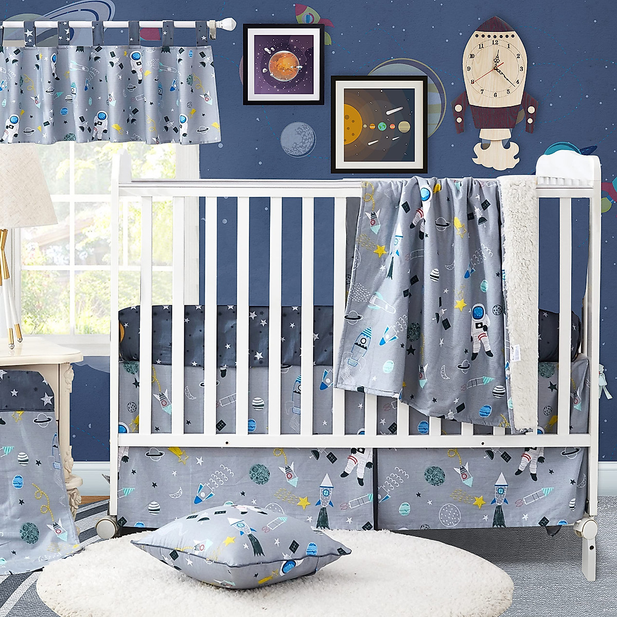 Brandream Space Crib Bedding Sets for Boys 3 Piece Adventures Rocket Galaxy Nursery Set | Astronaut Crib Blanket, Stars Fitted Crib Sheet, Gray Crib Skirt Included