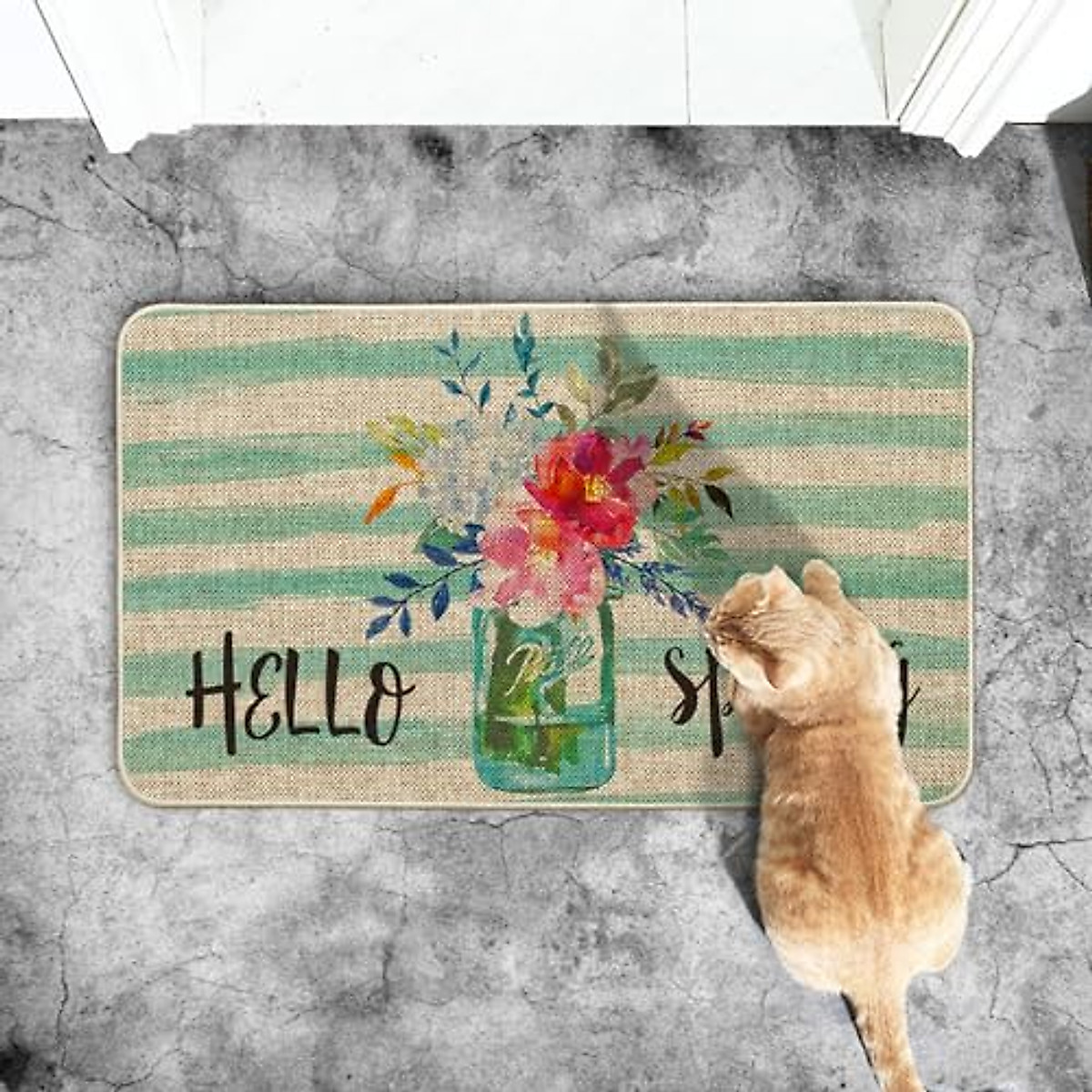 Artoid Mode Watercolor Stripes Hello Spring Doormat, Seasonal Holiday Home Low-Profile Floor Mat Switch Mat for Indoor Outdoor 17 x 29 Inch