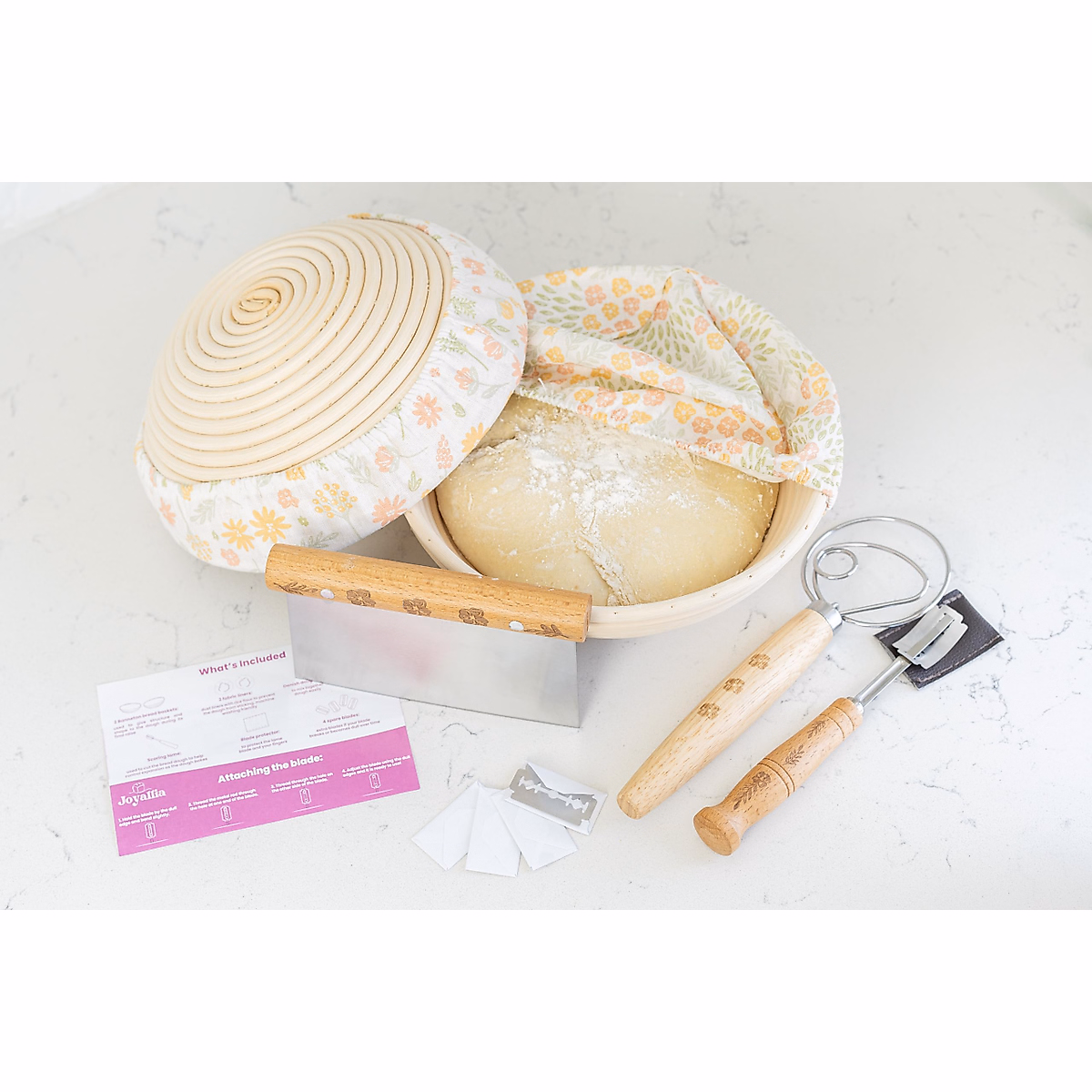 Joyallia Banneton Bread Proofing Basket Set of 2 Round 9 Inch with Bread Lame | Dough Scraper | Dough Whisk | Bowls Cover | Sourdough Kit | Bread Making Tools Gift for Mother, Wife and Bakers