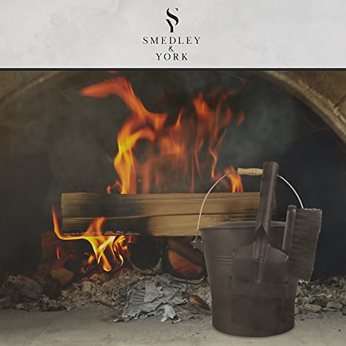 Smedley & York 2.15 Gallon Black Ash Bucket and Fireplace Tool Set with Lid, Shovel & Broom