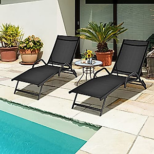 Tangkula Outdoor Patio Chaise Lounge Chairs, Reclining Lounge Chairs with 5-Position Adjustable Backrest & Breathable Fabric, Outdoor Recliner Chairs for Lawn, Poolside & Backyard, Set of 2 (2, Black)