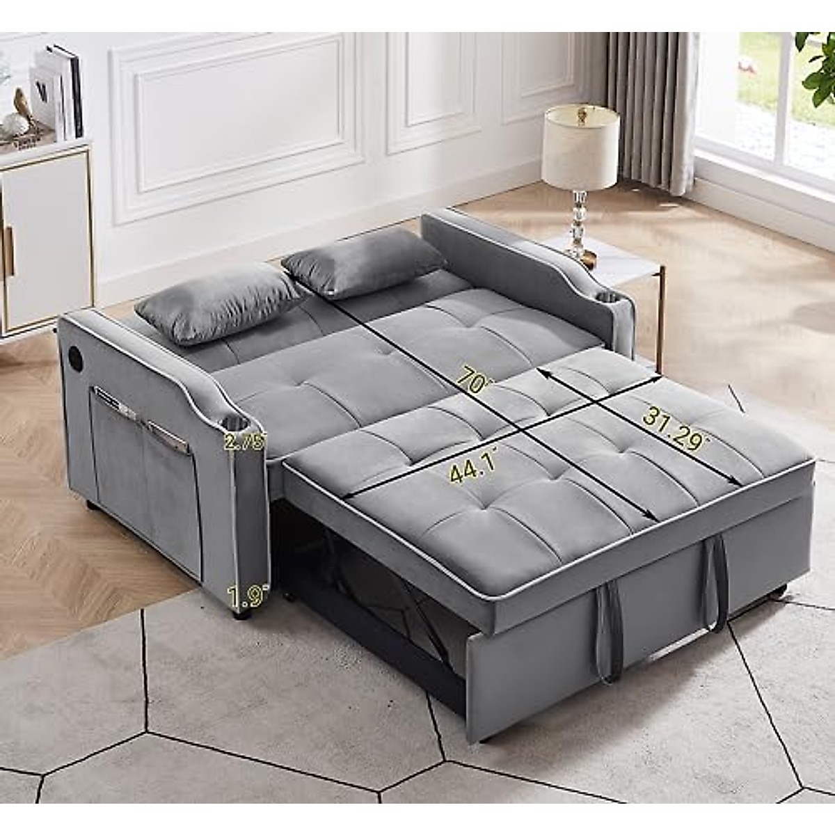 Convertible Futon Couch with USB Ports,Velvet Pull Out Sleeper Sofa Bed with Cup Holders and Pockets,3 in 1 Modern Loveseat with Adjustable Backrest,Small Love Seat for Living Room,Office,Grey