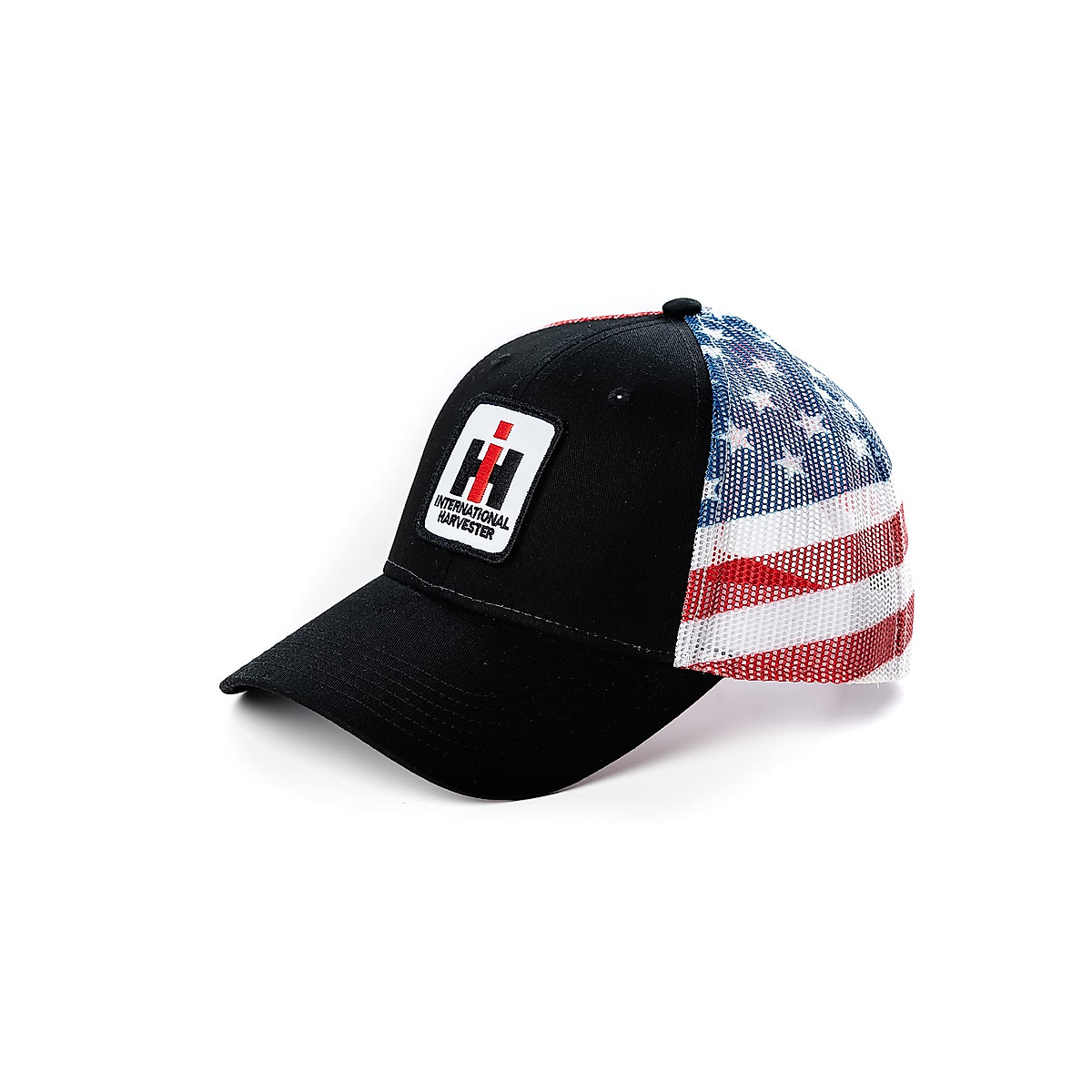 J&D Productions, Inc. International Harvester IH Logo Hat, Black with Flag Mesh Back
