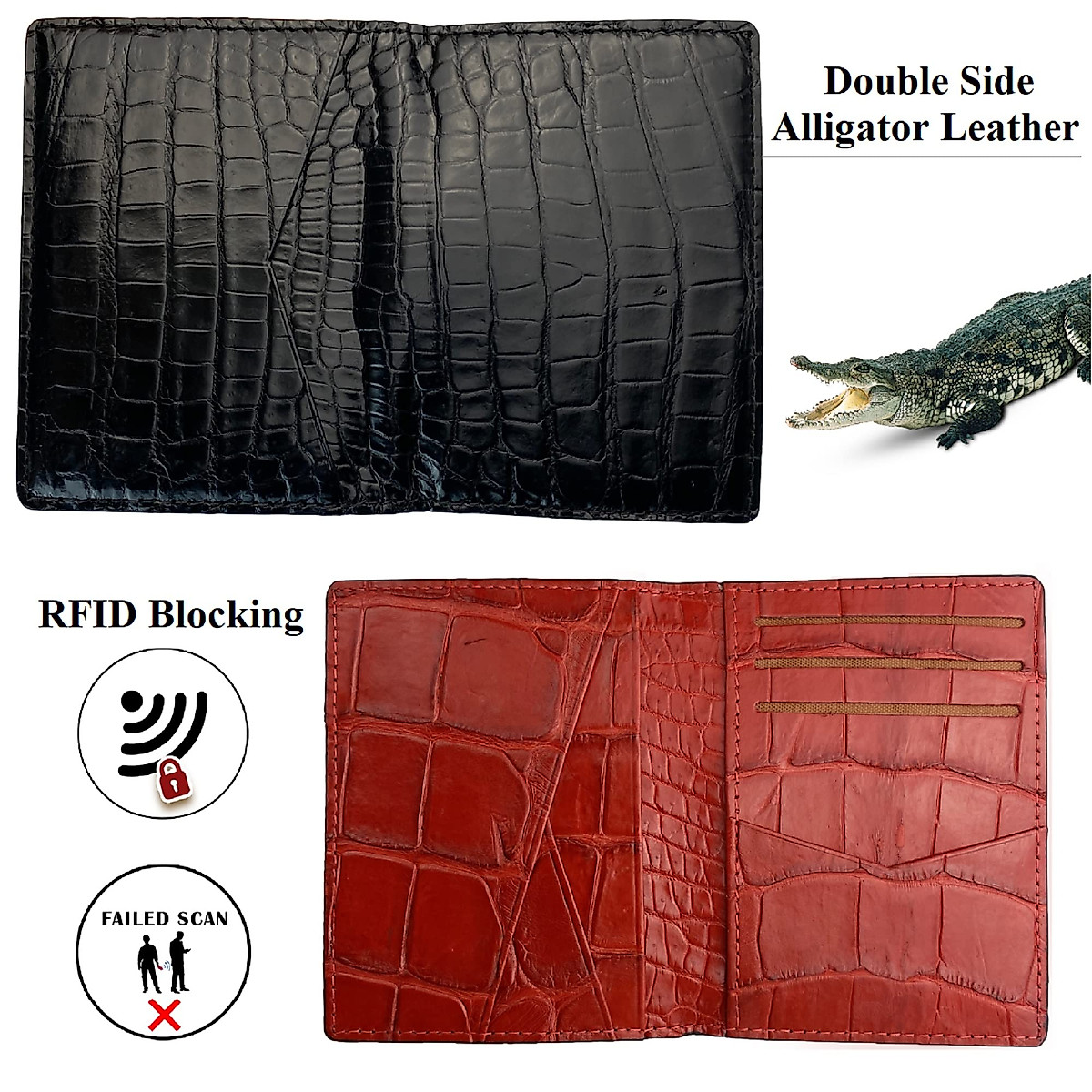 Black Red Slim Alligator Leather Card Holder Business RFID Blocking Men Two Tone Minimalist Crocodile Bespoke Wallet Double Side Handmade CARD-12