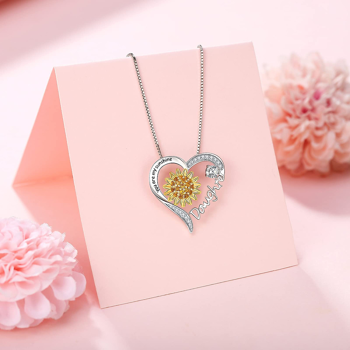 URMWMOO Daughter Necklace S925 Sterling Silver Sunflower You are My Sunshine Heart Pendant Necklaces Daughter Jewelry Birthday Christmas Mothers Day Gifts for Daughter Women