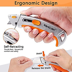 WORKLION Heavy-Duty Utility Knife Retractable: Zinc Alloy Body & Rubber Grip Handle & Retractable 3 Position & Blades Storage Design & Extra 5 Blades Refills - Safe Box Cutter