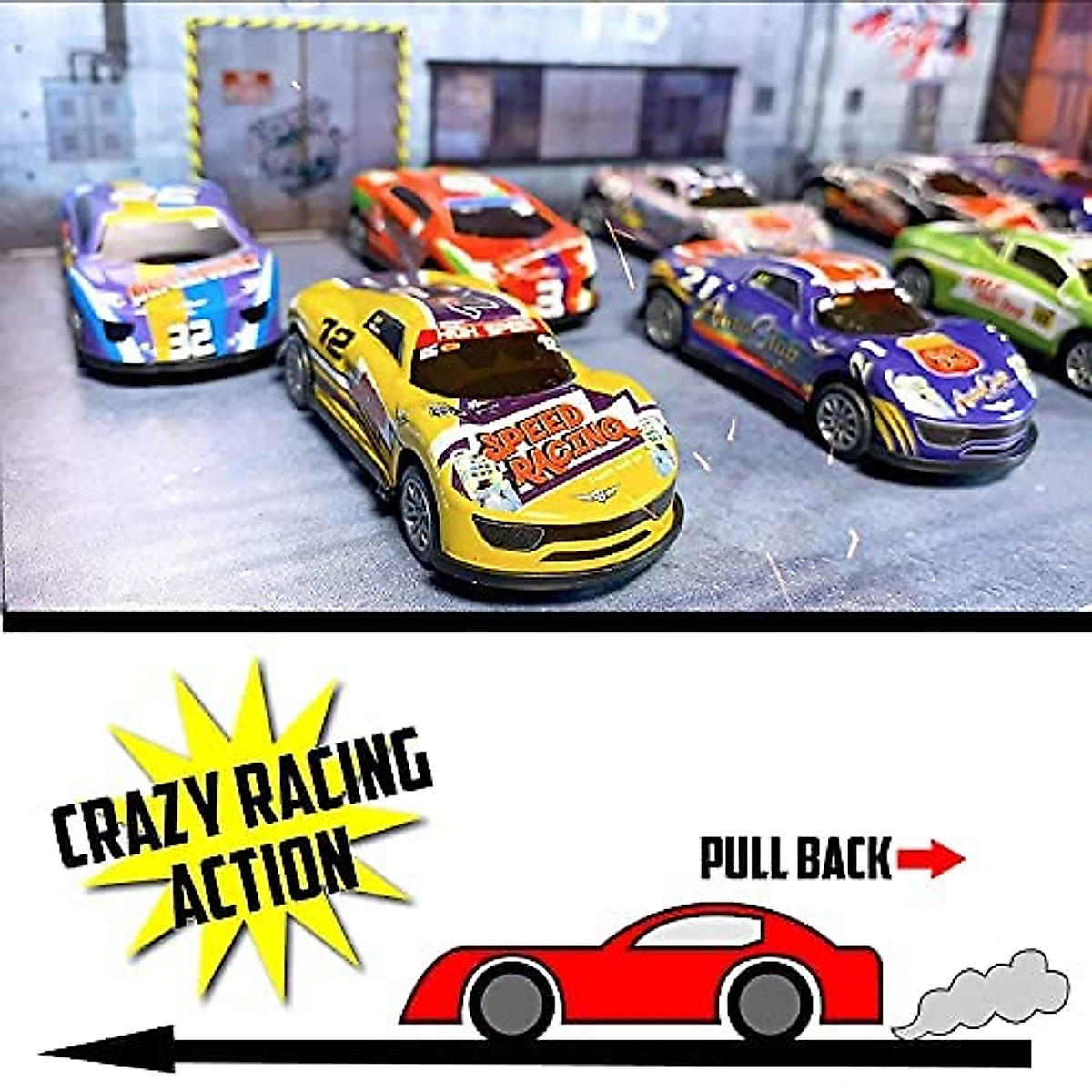 Golden Wheel 24 Race Cars Pack - 1:64 Vehicles Die-cast Metal Mini Pull Back Cars Set with 1 Black Road & Free Online Games - 2022 Hot Toy Birthday Party Gift for Kids Ages 3+ Years Old