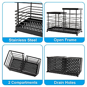 RedCall Utensil Holder for Countertop,Stainless Steel Kitchen Holder,2-In-1 Spoon Spatula Holder for Kitchen Counter,Large Wire Utensils Organizer,Black Cooking Tool Holder Storage Crock