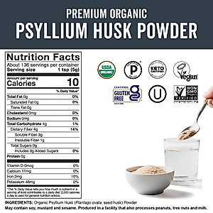 Viva Naturals Organic Psyllium Husk Powder, 24 oz - Finely Ground, Unflavored Plant Based Superfood - Good Source of Fiber for Gluten-Free Baking, Juices & Smoothies - Certified Vegan, Keto and Paleo