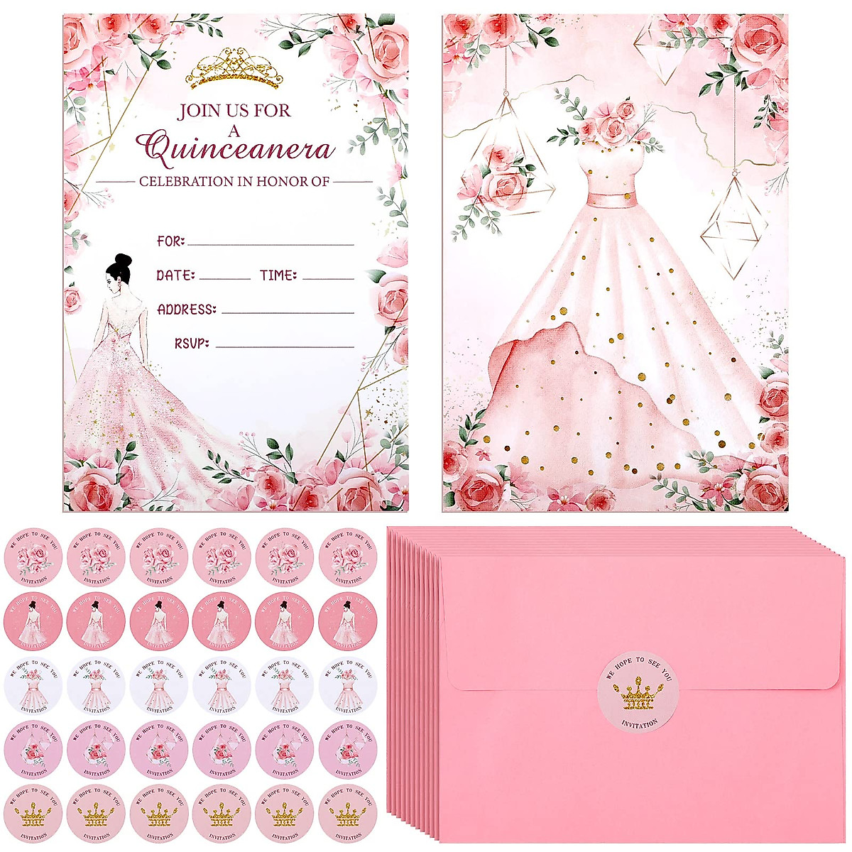 24 Sets Quinceanera Invitations Kit Include Quinceanera Invitation Cards with Envelopes and Stickers Crown Princess Rose Quinceanera Card Invitations for Quinceanera Bridal Shower Birthday Invite