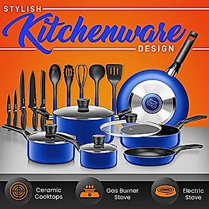 SereneLife Kitchenware Pots & Pans Basic Kitchen Cookware, Black Non-Stick Coating Inside, Heat Resistant Lacquer (20-Piece Set), One Size, Blue
