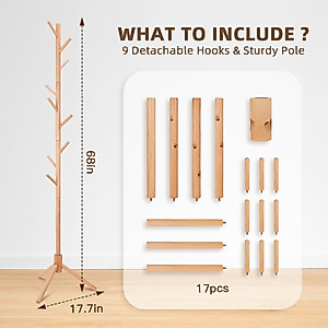 OOOK Solid Wooden Coat Rack Freestanding, Standing Coat Rack with 8 Hooks, 3 Height Options, Suitable for Kids and Adult, Coat Racks Free Standing for Bedroom Office Entrance Log Color