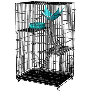 Goyappin Foldable Cat Cage, 46 Inch 3-Tier Large Kennel Enclosure with 4 Wheels, 2 Doors, 2 Ladders, 1 Hammock, 1 Pumpkin Nest, 1 Tray, Indoor Outdoor Pet Playpen