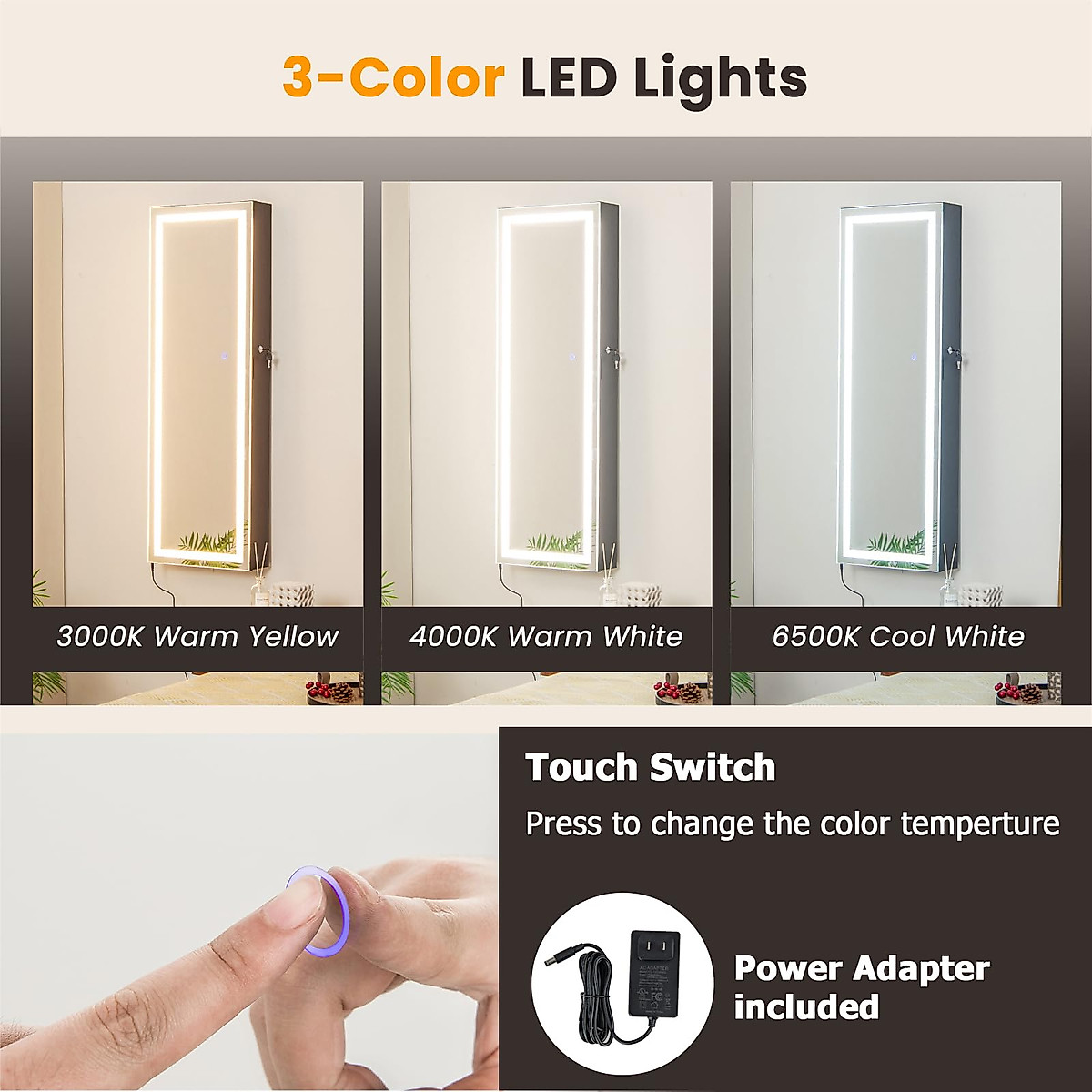 Giantex Jewelry Cabinet Armoire Door Wall Mount, 47.2in Lockable Touch Screen Lighted Full Length Mirror, 3 Lighting Settings, Inside Makeup Mirror, Jewelry Storage Box Organizer (Black)