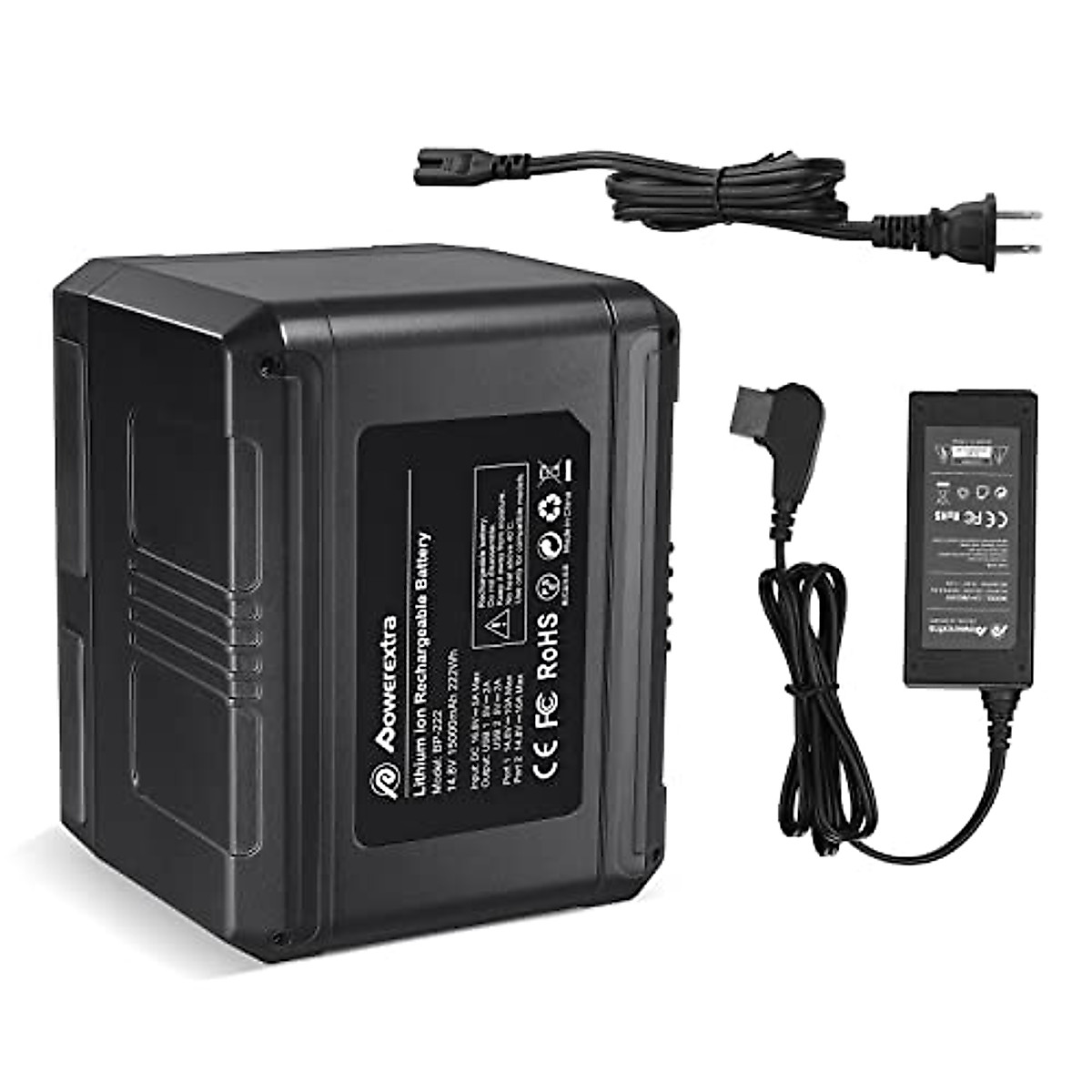 Powerextra V Mount V Lock Battery - 222Wh 14.8V 15000mAh Rechargeable Battery with D-tap Charger and Cable for Broadcast Video Camcorder, Compatible with Sony HDCAM, XDCAM, Digital Cinema Cameras