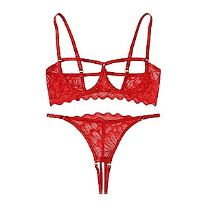 Lilosy Women's Sexy Underwire Floral Lace Sheer Lingerie Set See Through Bra and Panty 2 Piece Red Medium