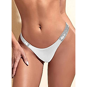 EVELUST Women's Sexy Bikini Rhinestone Studded Panty, Bling Thongs Glitter Stretch G-strings One Piece Underwear(White, S, 1028e)