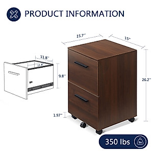 VICLLAX 2 Drawer Mobile File Cabinet, Vertical Filing Cabinet with 5 Wheels Fits Legal/Letter/A4 File Size for Home Office,Walnut