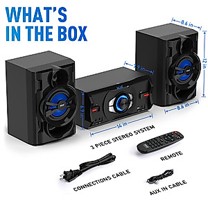 PyleUsa Wireless Bluetooth Stereo Boombox Radio Shelf Mini System - 500 Watt Max Power, Sleek Design for Home with MP3, USB, FM, Aux/2 mic Inputs, EQ, and Remote Control - PHSKR12