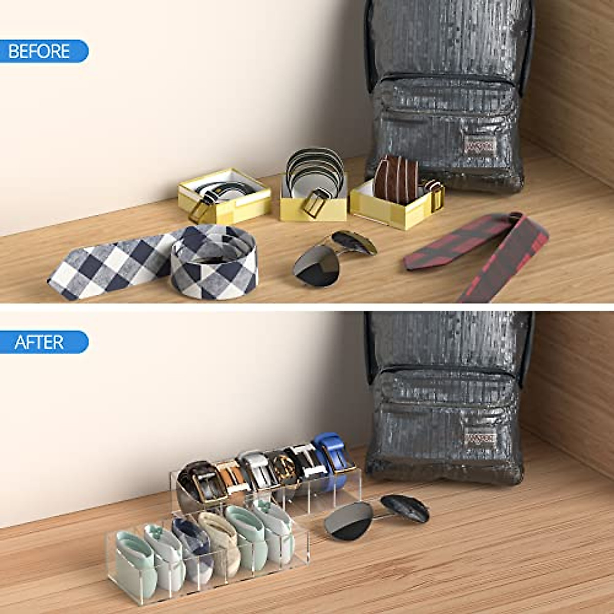 KDSKSC Belt Organizer, Acrylic Belt Storage Holder for The Closet and Drawer, 6 Compartments Belt Container Clear Display Case for Tie and Bow Tie