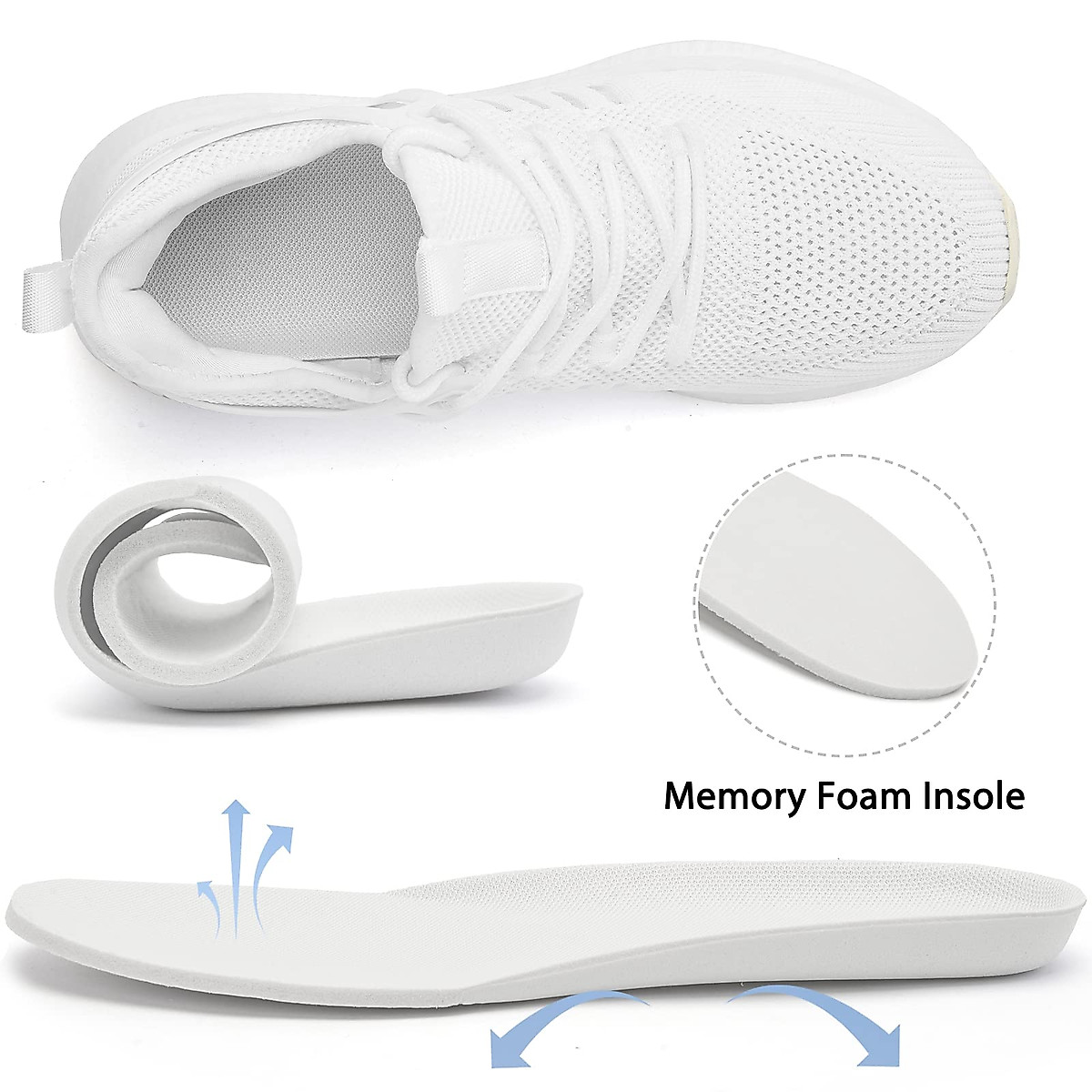 KPP Running Shoes Sneakers for Women - Walking Tennis Gym Workout Slip On Memory Foam Athletic Lightweight Breathable Fashion Slip Resistant Jogging Exercise Travel Shoes All White