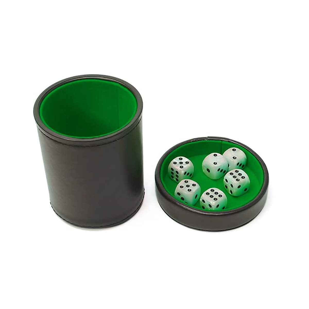 Luck Lab Black Leather Dice Cup with Lid Including 6 Matching Pearl Dice - Green Velvet Interior for Quiet Shaking - Use for Liars Dice Farkle Yahtzee Board Games