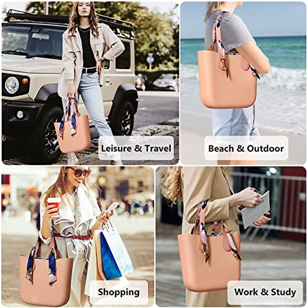 Carfany Small Beach Bag With Zipper Washable Rubber Tote Bag For Women Pink