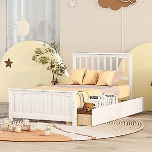Harper & Bright Designs Twin Bed Frame with Storage, Solid Wood Platform Bed Frame with 2 Drawers, Headboard for Kids, Teen, Adults, No Box Spring Needed, White