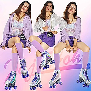 JajaHoho Roller Skates for Women, Holographic Silver High Top PU Leather Rollerskates, Shiny Double-Row Purple Four Wheels Quad Skates for Girls and Age 8-50 Indoor Outdoor, Size 6