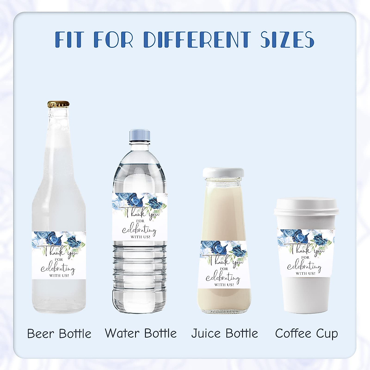 URROMA Wedding Water Bottle Labels, 50 Pcs Thank You White and Blue Rose Water Bottle Wraps Water Bottle Stickers for Birthday Baby Shower