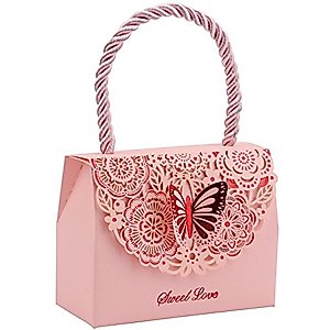 Driew Butterflies Purse Party Favor bags, 20 Pack Baby Shower Candy Gift Chocolate Favor Box Set with Handle for Wedding Decorative, Anniversary, Birthday Parties, Bridal Showers - Pink, 3.5"x1.6"x2.8"