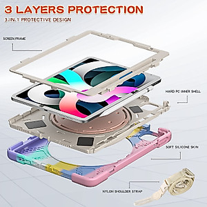 MEEgoodo Case for iPad Air 13 inch (M2) 2024 & iPad Pro 12.9 Case 6th/5th/4th/3rd Generation 2022 2021 2020 2018, Tablet Cover with Pencil Holder/Rotating Stand/Shoulder Strap for Kids, Colourful Pink