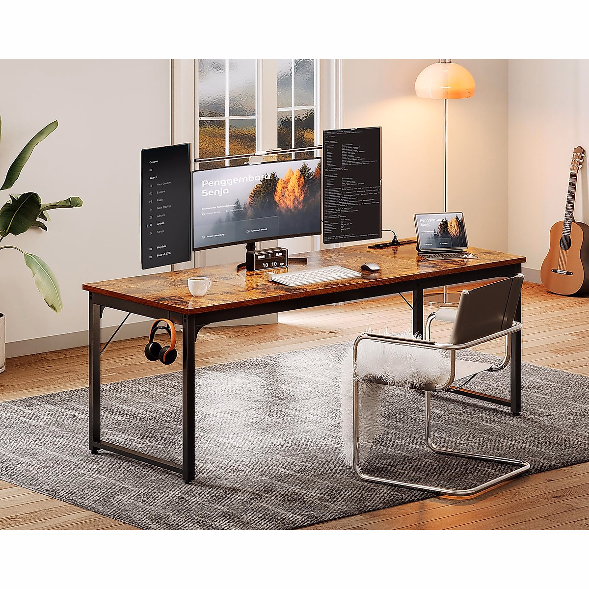 Coleshome 71 Inch Computer Desk with USB Ports, Large Office Desk, Long Study Student Writing Desk, Rustic Brown