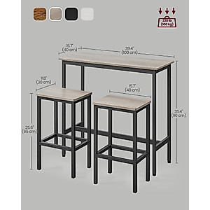 VASAGLE Dining Table Set, Bar Table and Chairs Set, Kitchen Bar Height Table with Stools Set of 2, Steel Frame, Industrial, 39.4 x 15.7 x 35.4 Inches, Heather Greige and Ink Black ULBT218B02