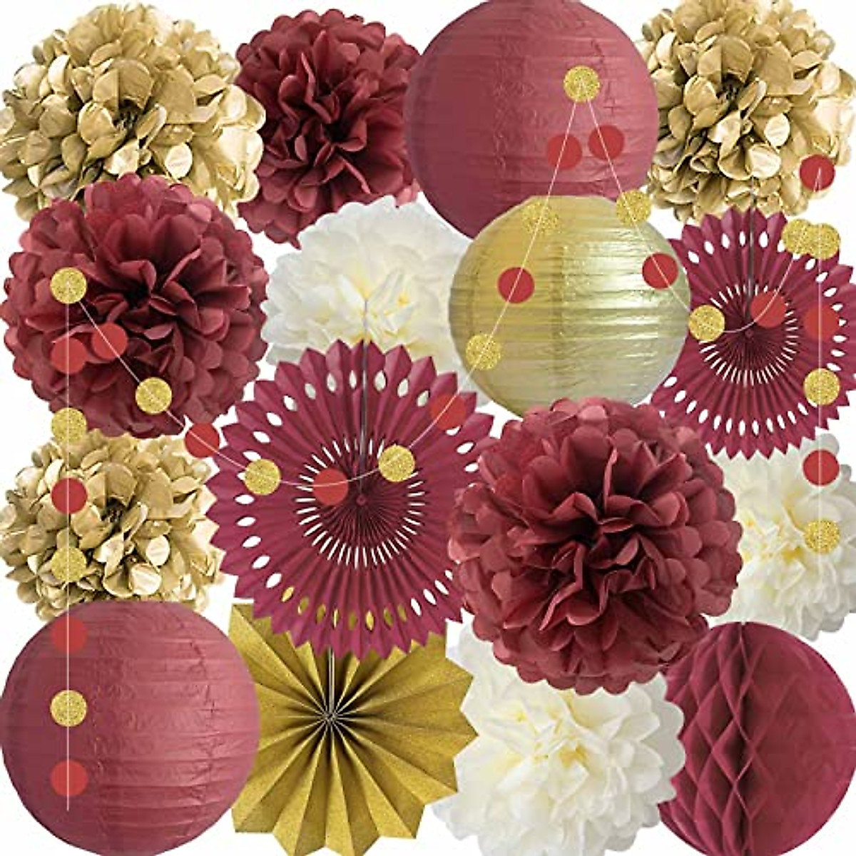 ANSOMO Burgundy and Gold Party Decorations Maroon Wine Dark Red Paper Fans Lanterns Tissue Pom Poms Wall Hanging Decor Supplies Bridal Baby Shower Birthday Wedding Graduation