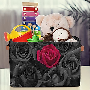 AUUXVA Storage Basket Cube Black and Red Rose Flower Large Collapsible Storage Baskets Bins with Handles Laundry Organizer for Closet Shelves Nursery Bathroom Pantry, 1 Pack