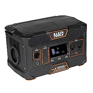 Klein Tools KTB500 Portable Power Station, 505Wh Lithium-Ion Power Station, 120V/500W Pure Sine Wave AC Power, Solar Panel Compatible
