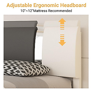 Benevika King Size Bed Frame with Headboard, Faux Leather Modern Low Profile Platform Bed with LED Lights, Strong Wooden Slats Support, No Box Spring Needed, White & Black