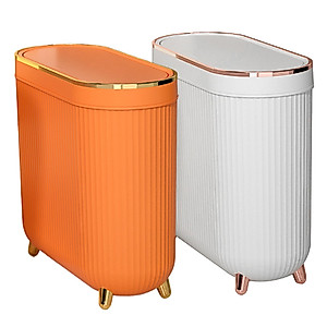 bbJJbbY Bathroom Trash Can Slim Trash Can 3.2 Gallons Kitchen Garbage Can with Press Top Lid Plastic Trash Bin Waste Basket for Bedroom, Office, Living Room Orange Home Supplies