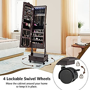COSTWAY 6 LEDs Mirror Jewelry Cabinet with Wheels, Lockable Jewelry Storage Organizer w/Full-Length Mirror and 3 Adjustable Angles, Floor Standing Jewelry Armoire for Living Room Bedroom (Brown)