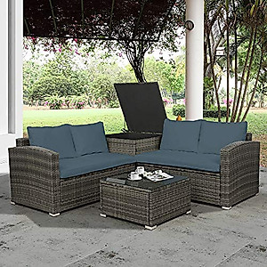 All Weather Wicker Outdoor Patio Furniture Sets, 4 PCS Outdoor Cushioned PE Rattan Wicker Sectional Sofa Set with Glass Top Coffee Table Seat Cushion for Garden Poolside (Rattan+ Gray Cushion)